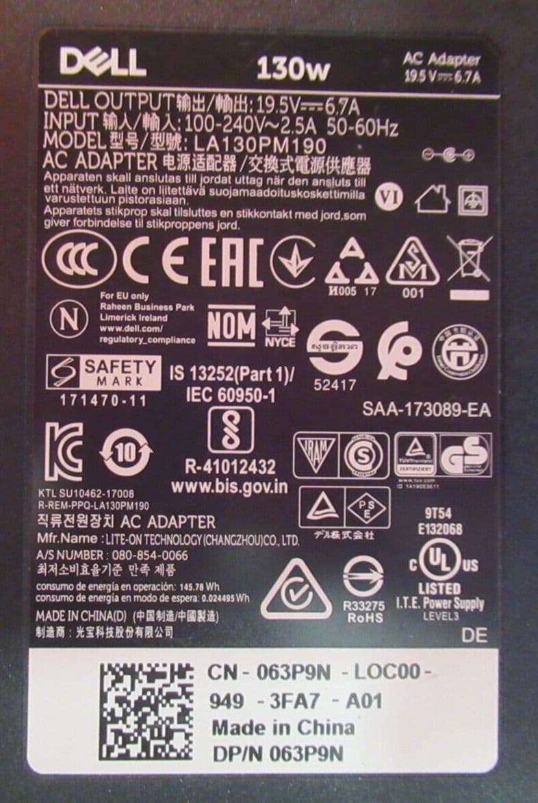 Dell LA130PM190 63P9N 063P9N Laptop AC Power Adapter 130W 19 5V 6 7A