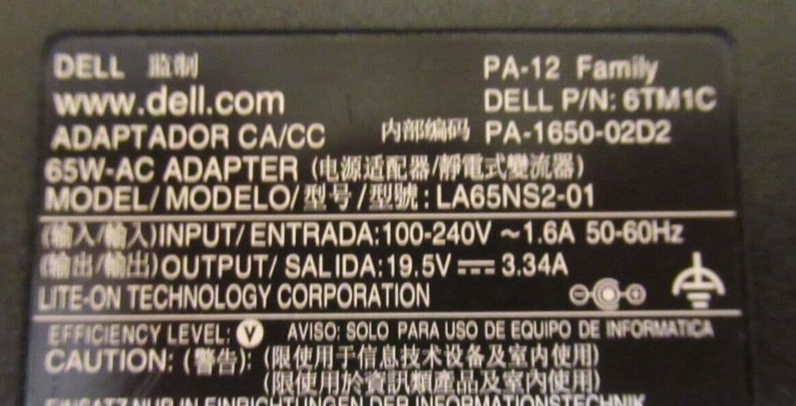 Dell LA65NS2-01 6TM1C 06TM1C PA-12 Family Laptop AC Power Adapter 65W ...