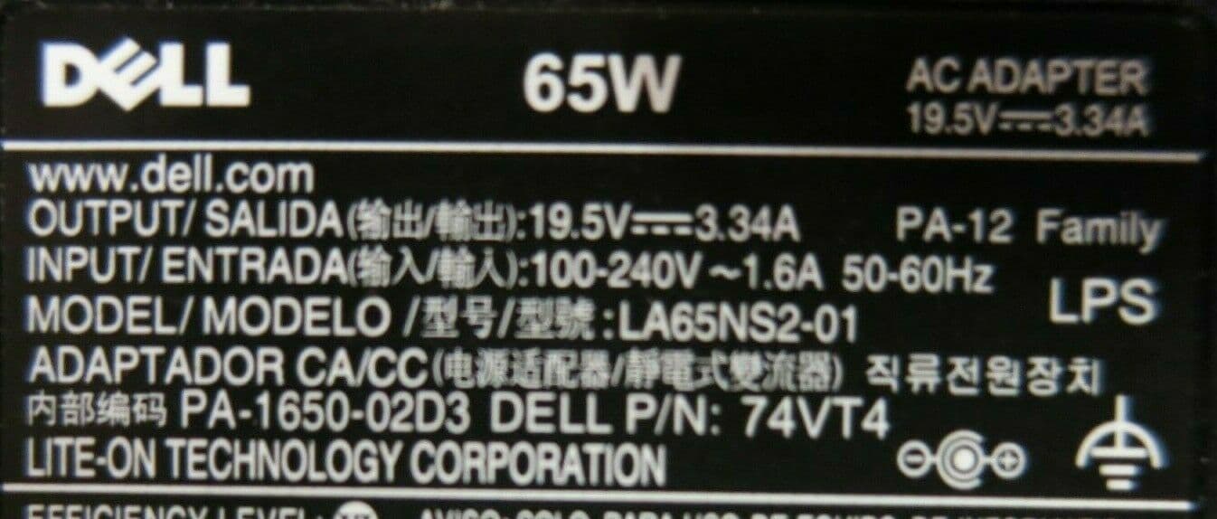 Dell LA65NS2-01 74VT4 XPS Laptop AC Power Adapter Charger 65W 19 5V 3 34A