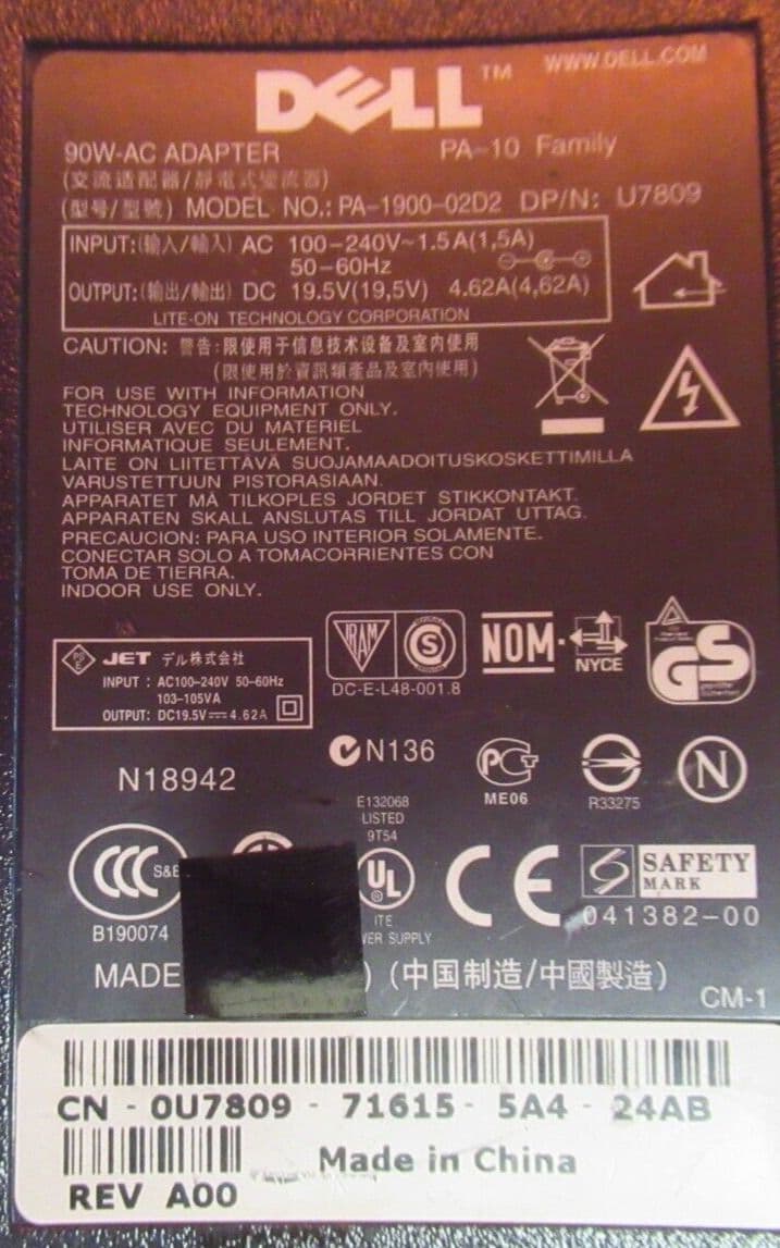 Dell PA-1900-02D2 U7809 0U7809 PA10 Family Laptop AC Power Adapter 90W ...