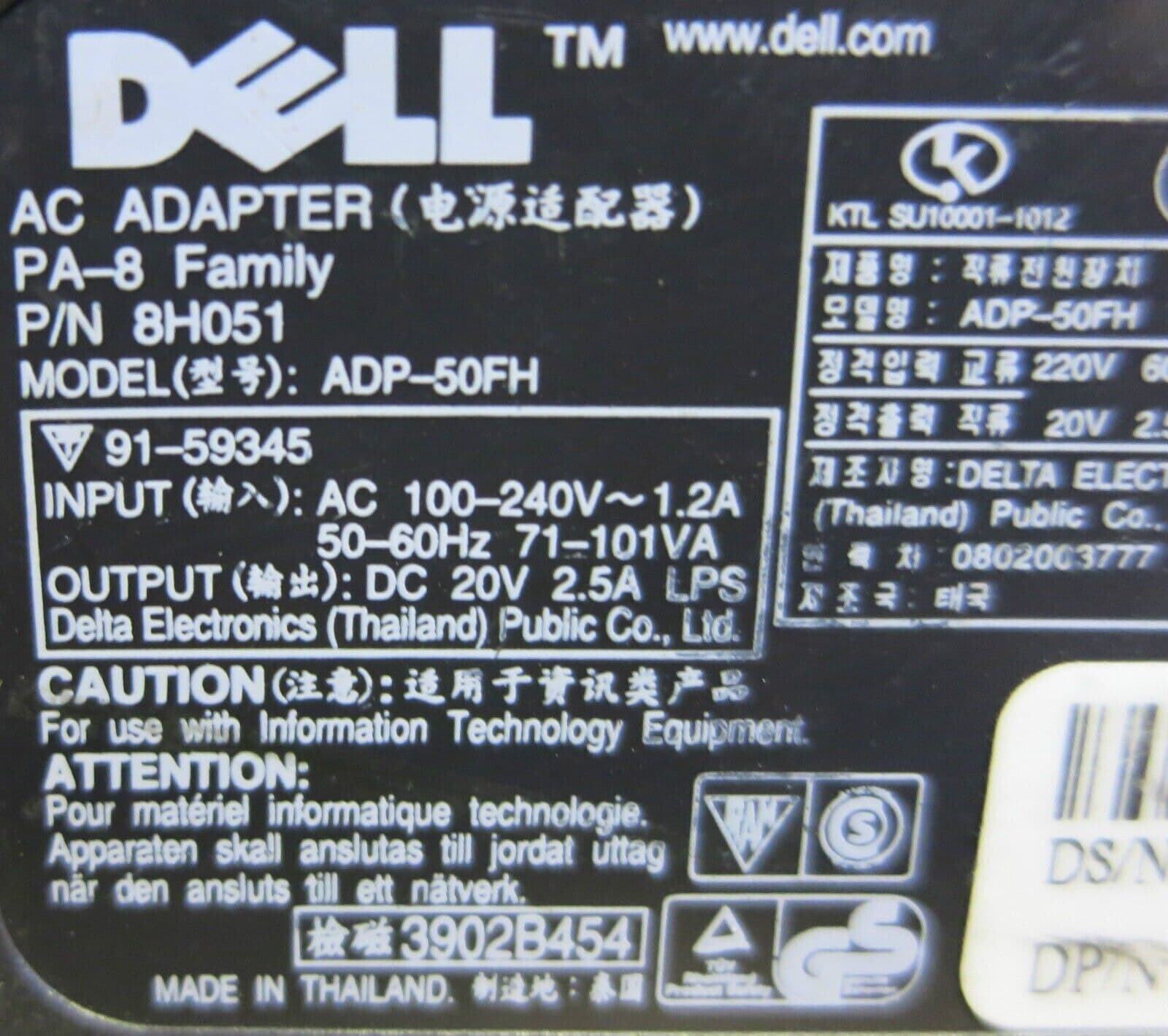 Dell PA-8 Family 8H051 AC Power Adapter 20V 2 5A - Model No ADP-50FH