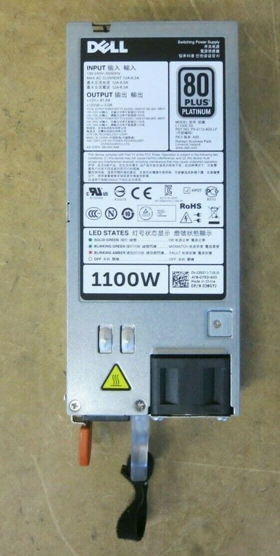 Dell Power Supply 38GYJ 1100W 80 Plus Platinum Hot Plug For Pe R520 ...