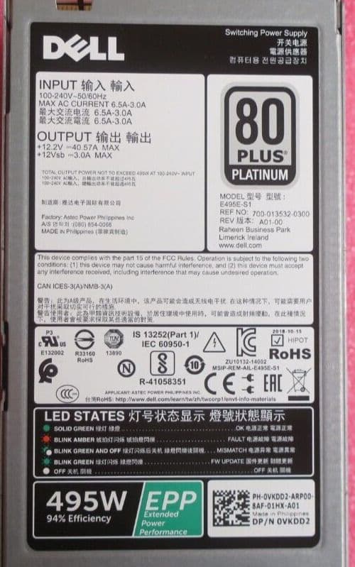 Dell PowerEdge 495W Redundant Hot-Plug 80Plus Platinum Power Supply PSU ...