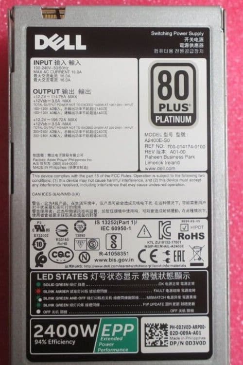 Dell PowerEdge C6400 Hot-Plug 80-Plus Platinum 2400W AC Power Supply ...