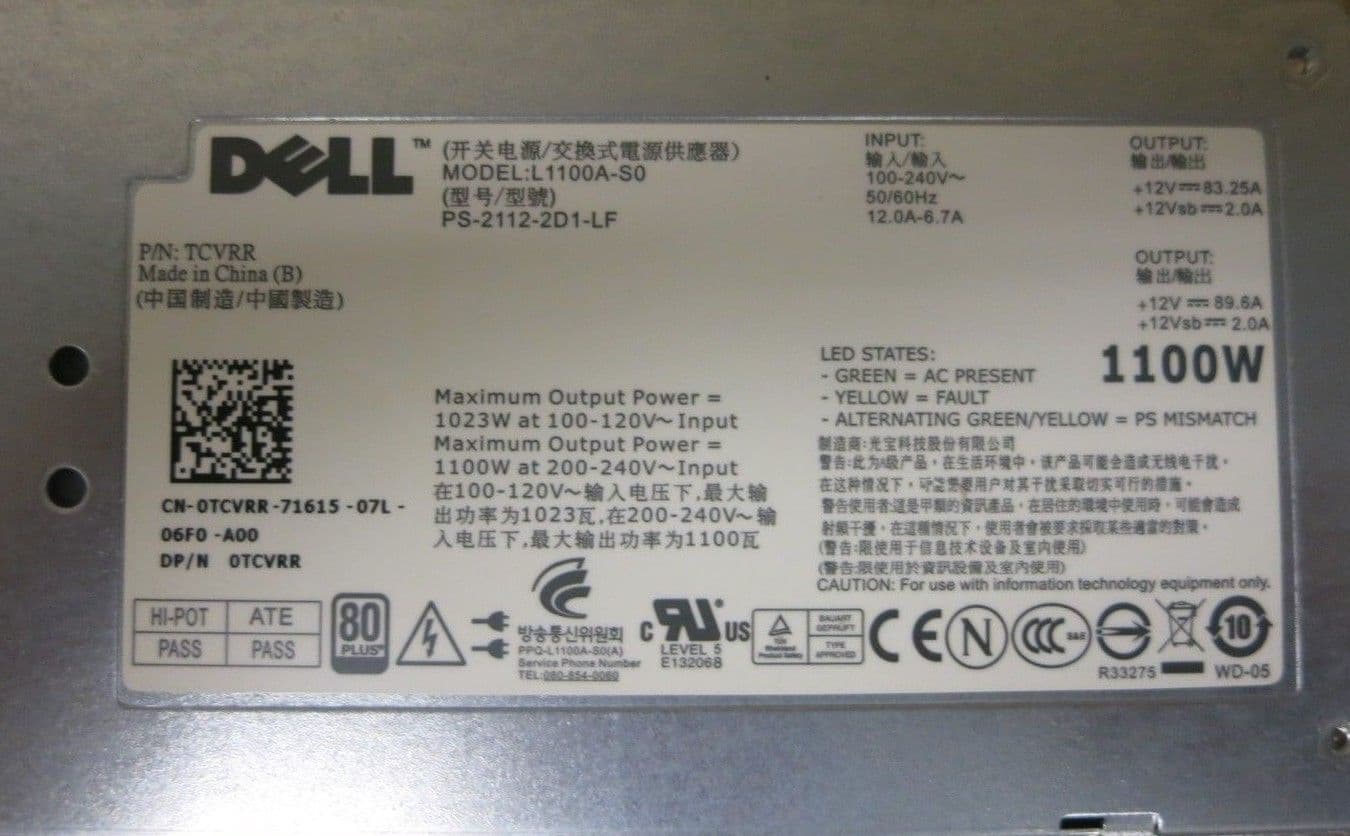 Dell PowerEdge R510 R810 R910 T710 Redundant Power Supply 1100W TCVRR ...