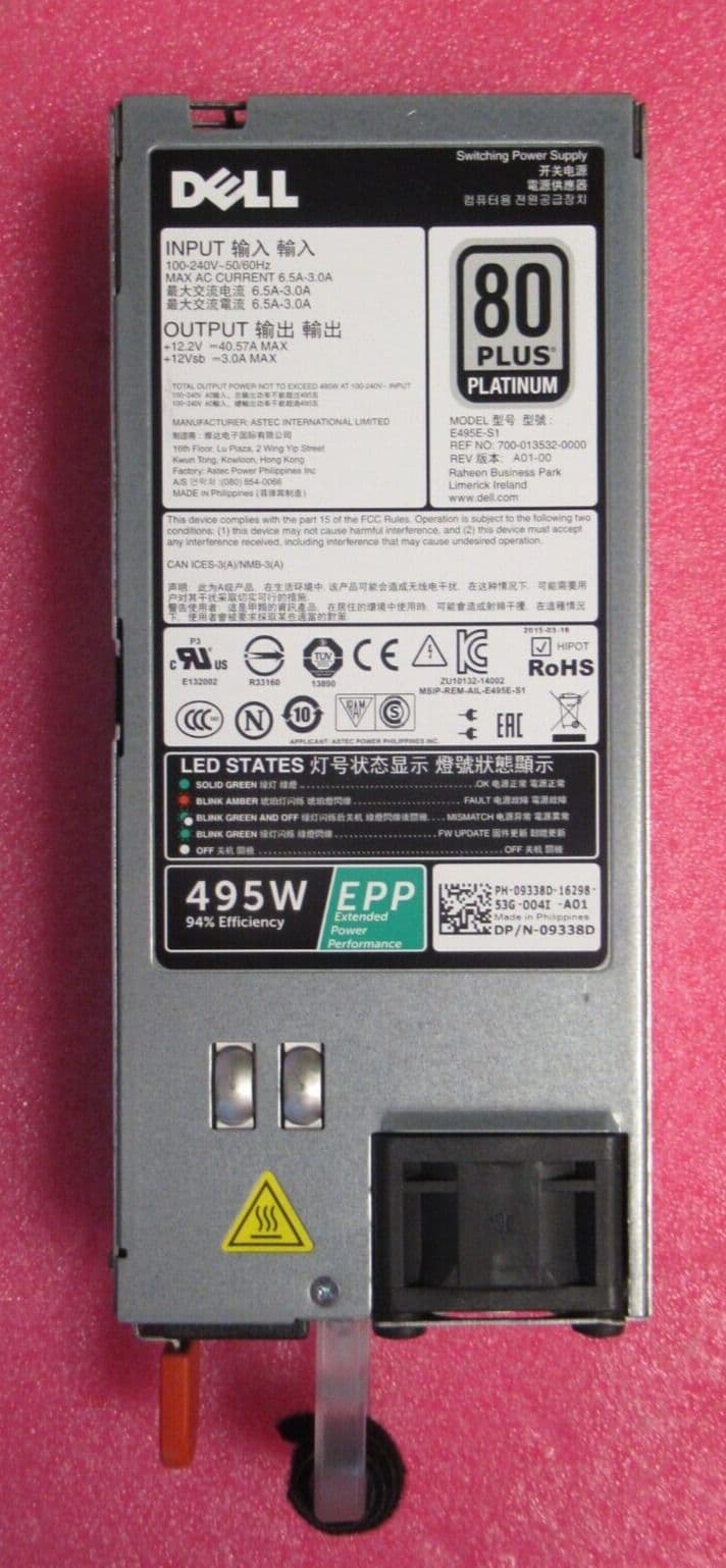 Dell PowerEdge R530 R730 T630 495W 80Plus Platinum Redundant Power ...