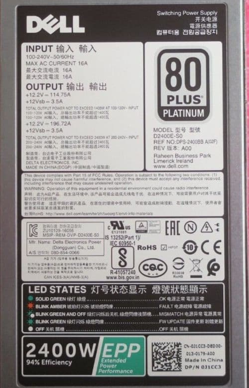 Dell PowerEdge R740xd C6400 2400W HotPlug 80Plus Platinum Power Supply ...