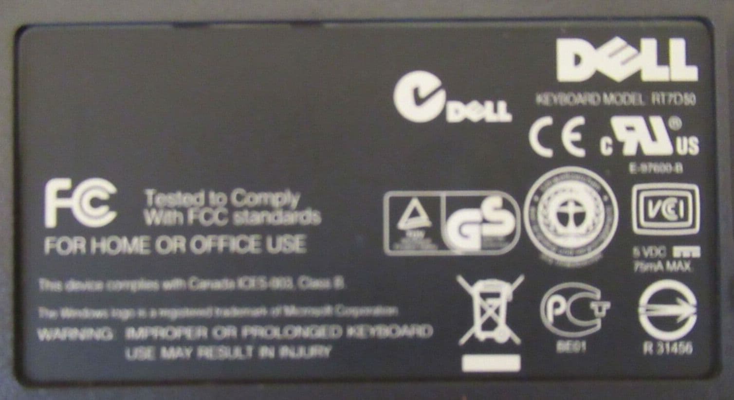 Dell RT7D50 W7657 0W7657 USB Wired Black 104-key UK QWERTY Standard ...