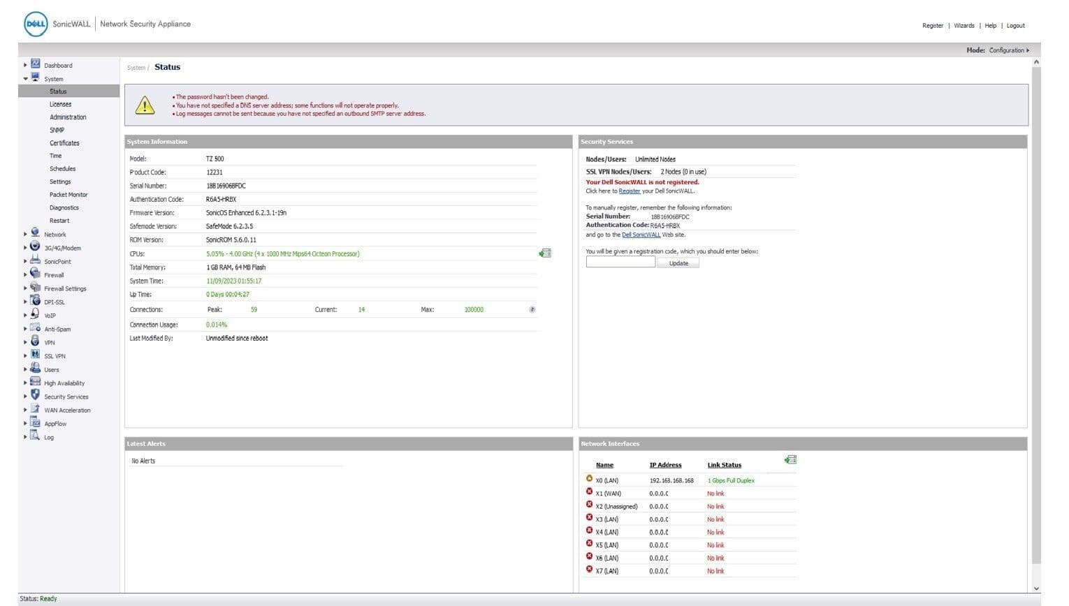 Dell SonicWall TZ500 8-Port Wireless Firewall Security Appliance APL29-0B6