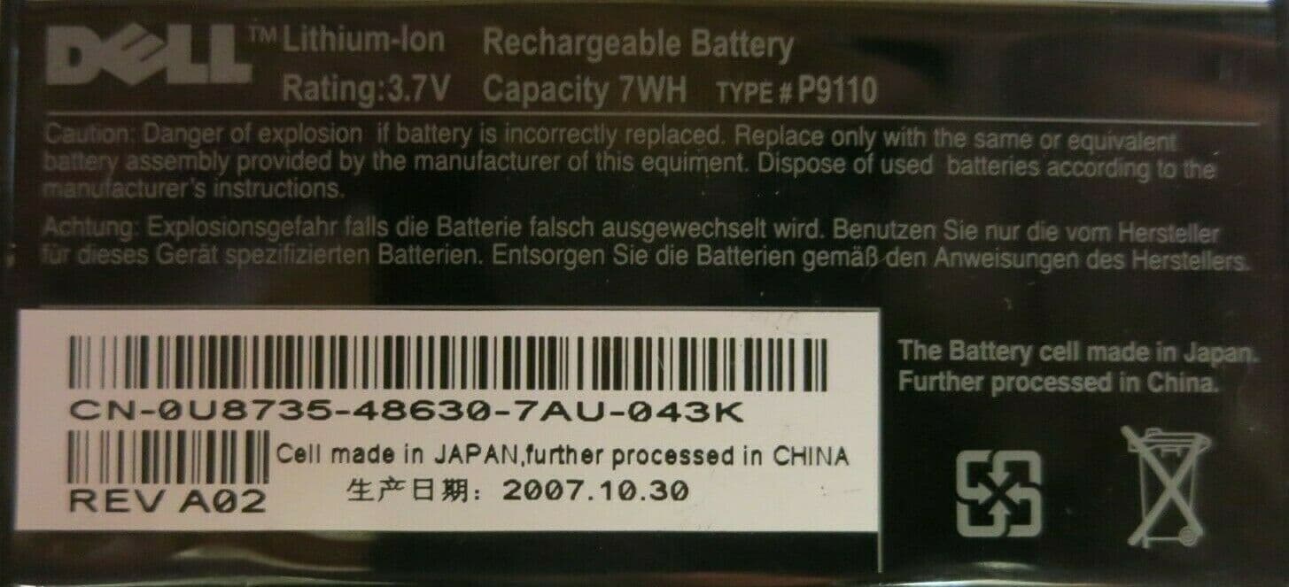 Dell U8735 P9110 PowerEdge Perc 5i 6i Li-ion Rechargeable Battery 3 7V 7WH