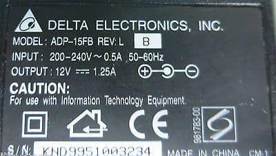 Delta Electronics AC Power Adapter 12V 1 25A - Model ADP-15FB