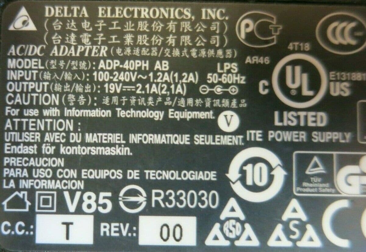 Delta Electronics ADP-40PH AB Laptop AC Power Adapter Charger 40W 19V 2 1A