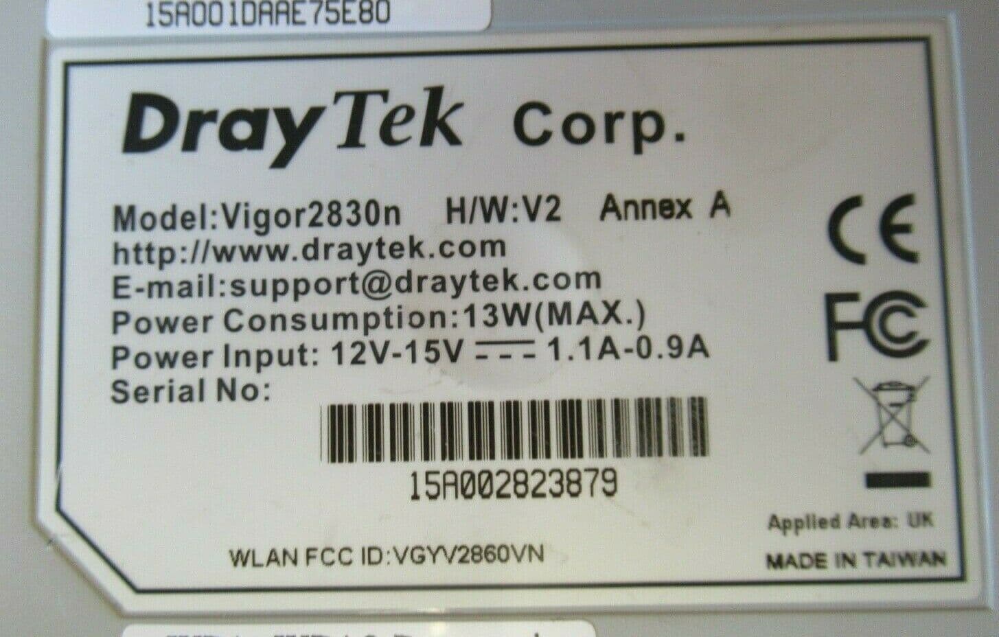 DrayTek V2830N-K Vigor2830n ADSL Gigabit Ethernet Wireless N Router ...