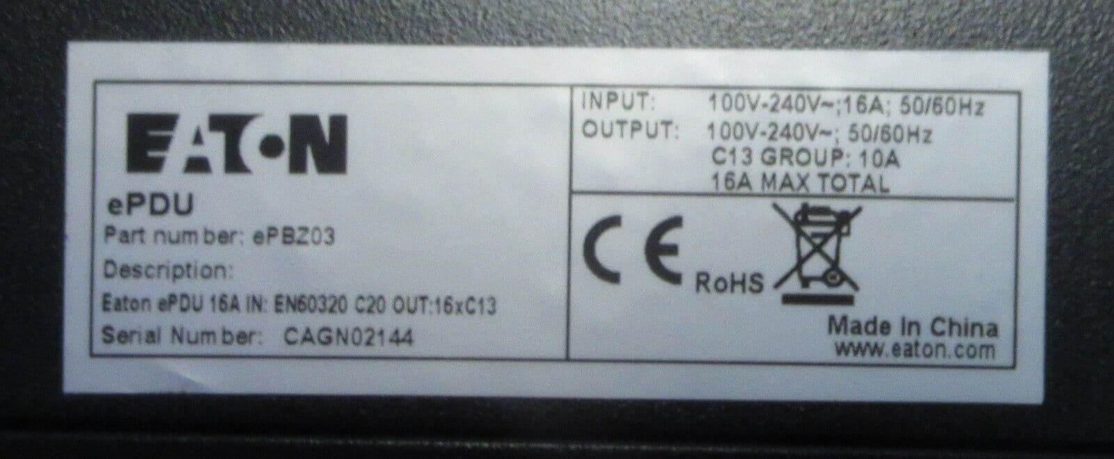 Eaton 16x C13 Outlet C20 Input 1U Rackmount PDU Power Distribution Unit ...