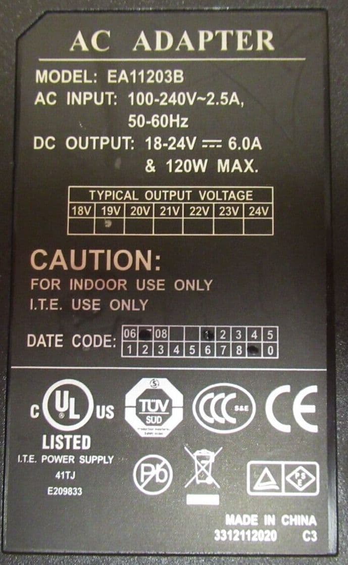 EDAC Power EA11203B ACAPSQ120-B Switchmode AC Power Adapter 120W 18-24V 6A