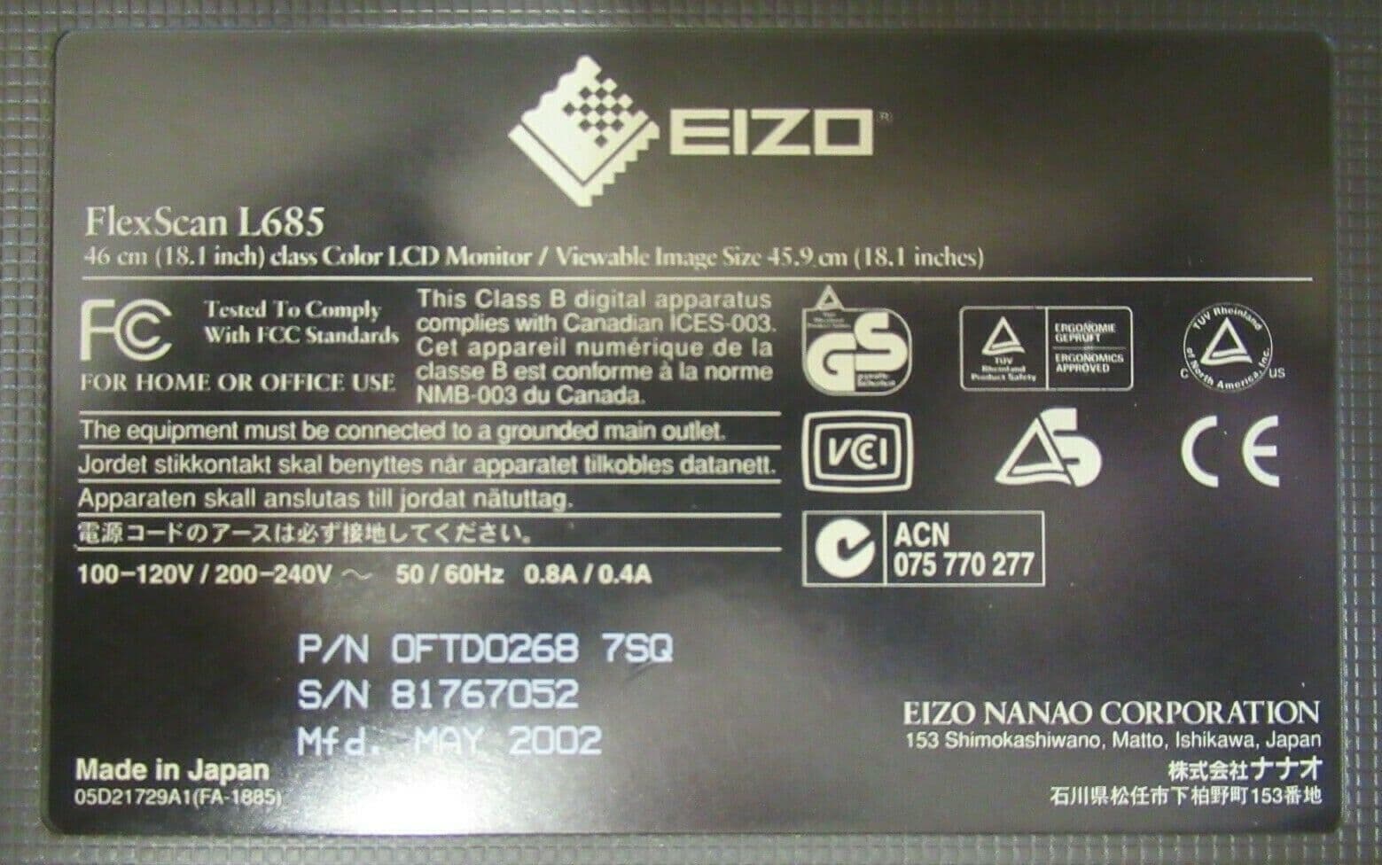 Eizo FlexScan L685 0FTD0268 18 1" LCD TFT Monitor Black DVI USB Type A ...