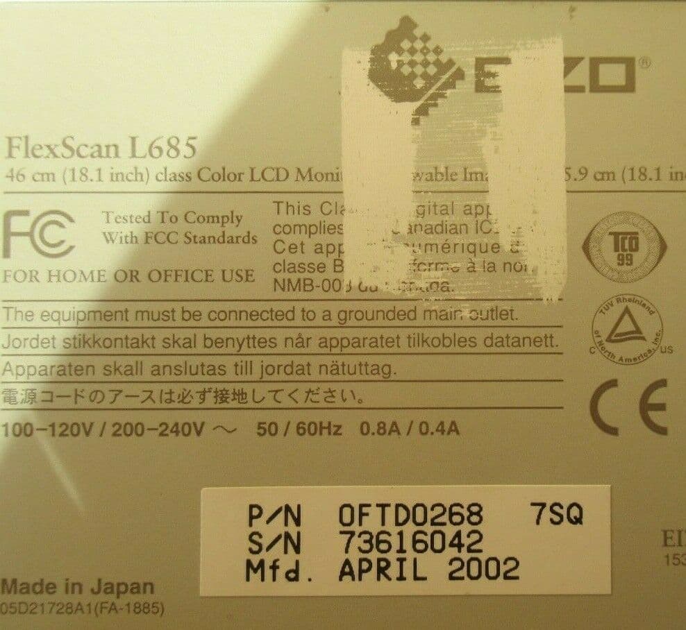 Eizo FlexScan L685 0FTD0268 18 1" LCD TFT Monitor White DVI USB Type A/B