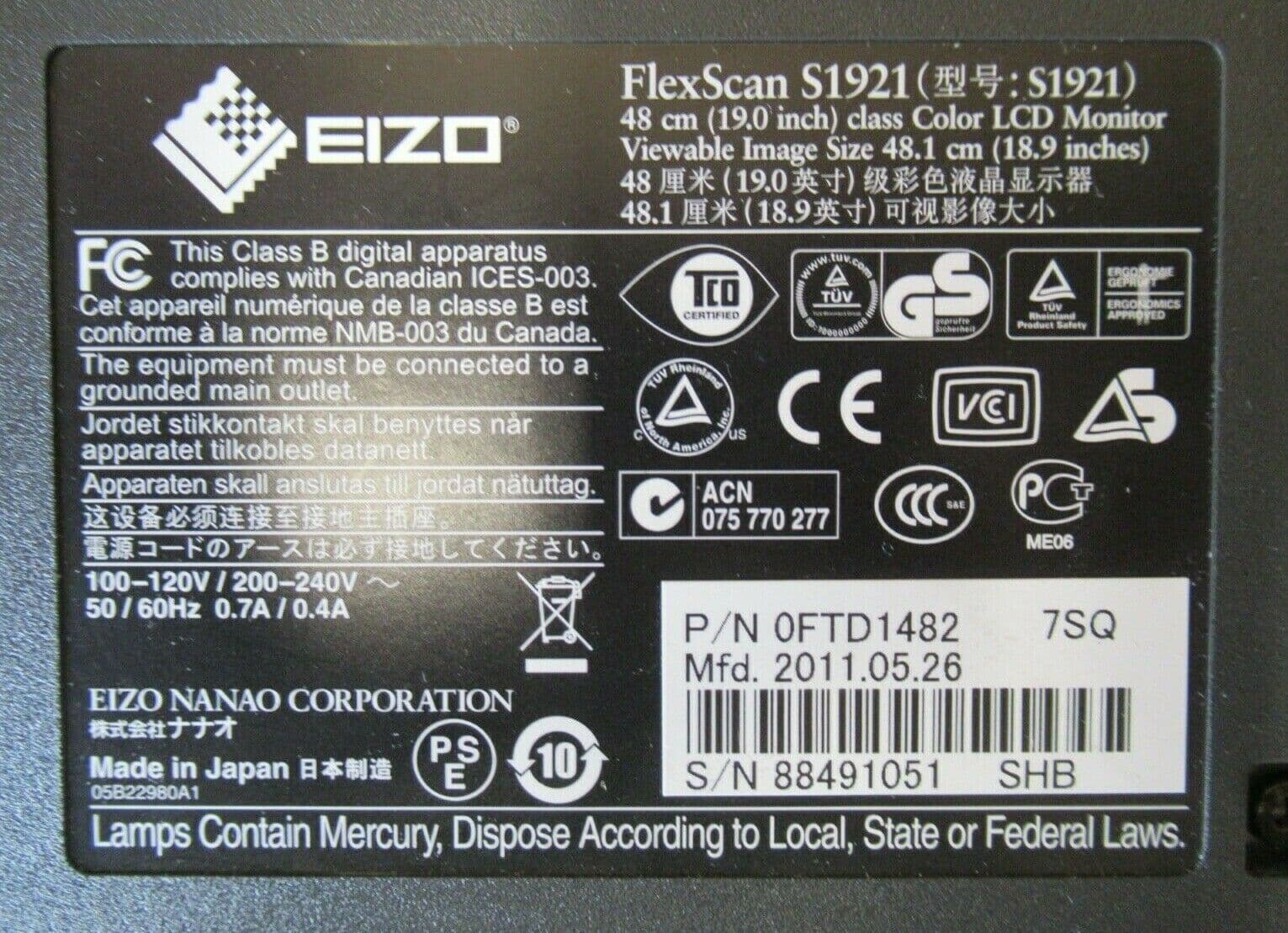 Eizo FlexScan S1921 0FTD1482 19" LCD TFT Monitor Grey Speakers VGA DVI No Stand