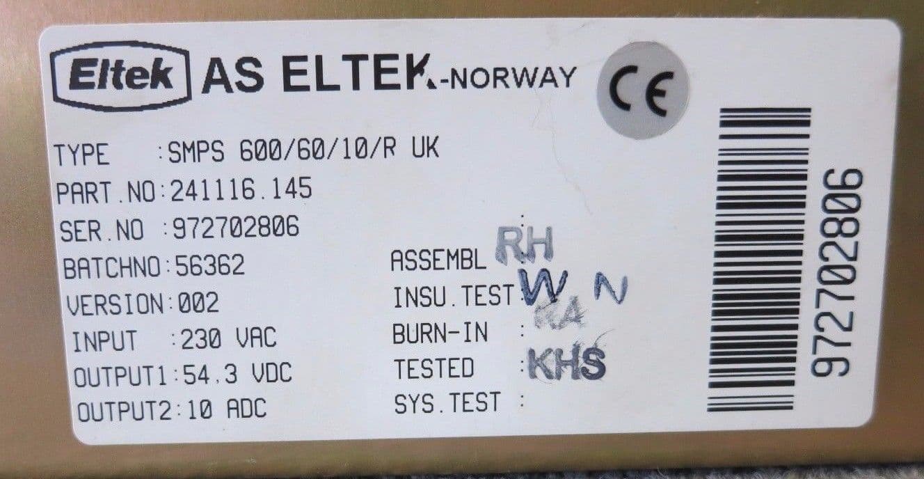 Eltek 241116 145 SMPS 600/60/10/R UK 19" Power Supply