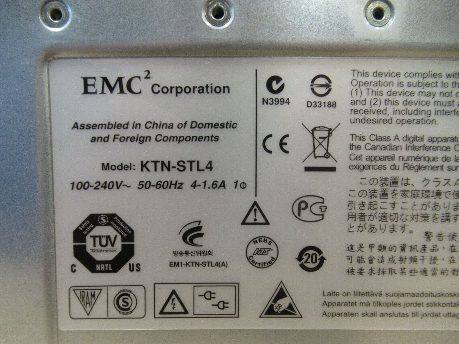 EMC Array Chassis 3U KTN-STL4 2x 4GB FC Controllers 2 x 400W PSU 100 ...