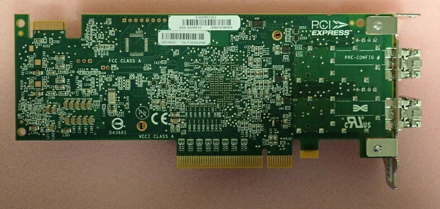 Emulex LPE16002 Dual Port 16Gb/s SFP FC Network Adapter Card 2x SFP Modules