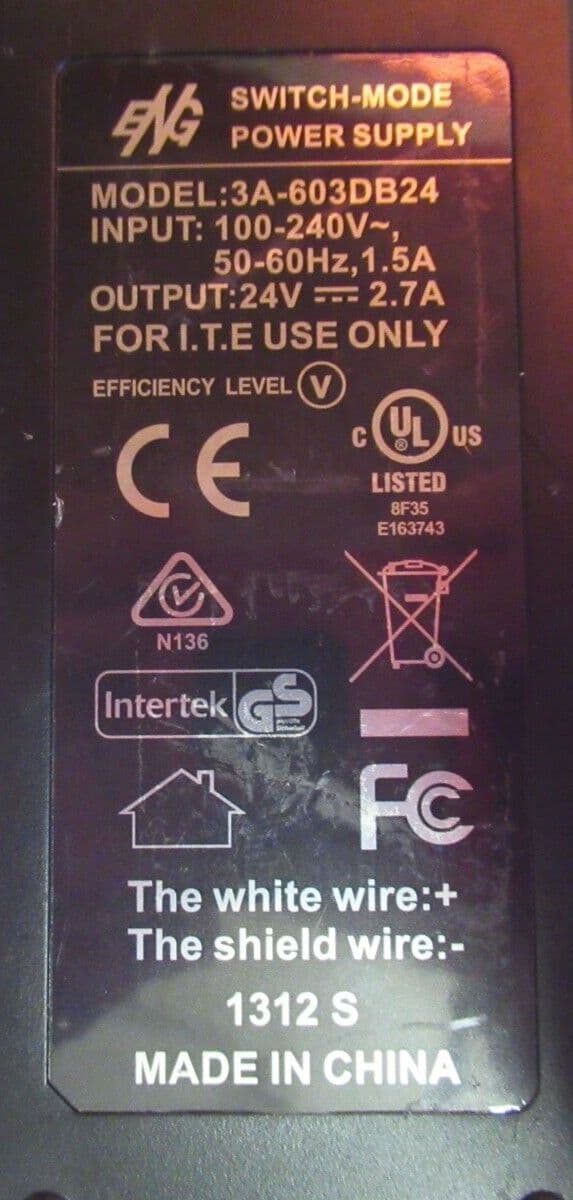 ENG 3A-603DB24 Switch-Mode AC Power Adapter 65 Watts 24 Volts 2 7 Amps