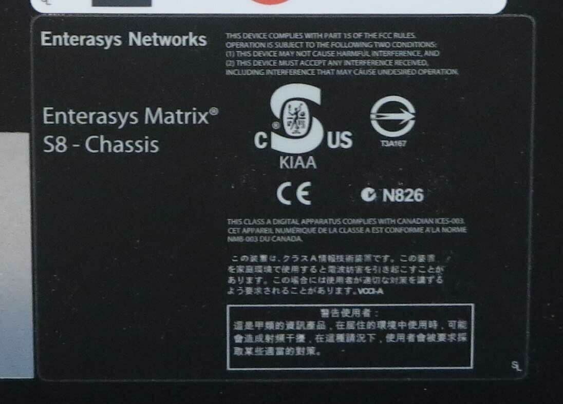 Enterasys S8 8-Slot 14 5U Switch Chassis 6x 1GbE Switch Modules 3x1600W PSU