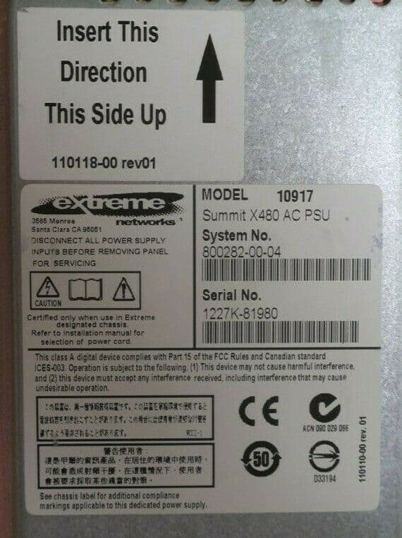 Extreme Networks Summit X480 450W F2B AC PSU Power Supply 800282-00-04 ...