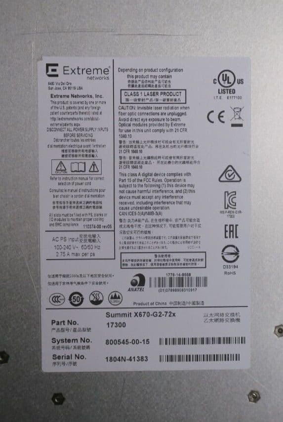 Extreme Networks Summit X670-G2-72X 72-Port 1/10Gb SFP 1U Network ...