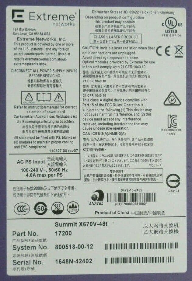 Extreme Networks Summit X670V-48t 48x 10GBASE-T RJ45 Switch VIM4-40G4X ...