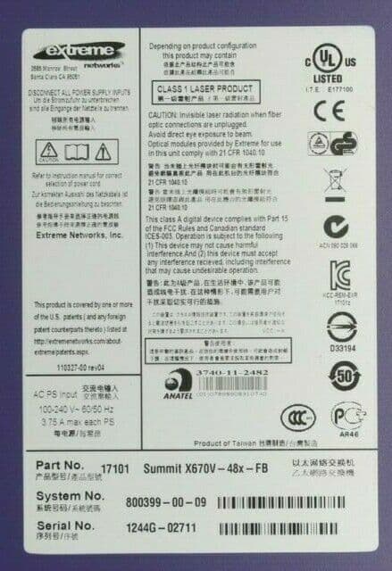 Extreme Networks Summit X670V-48X 48x 10GBASE-X Switch VIM4-40G4X ...
