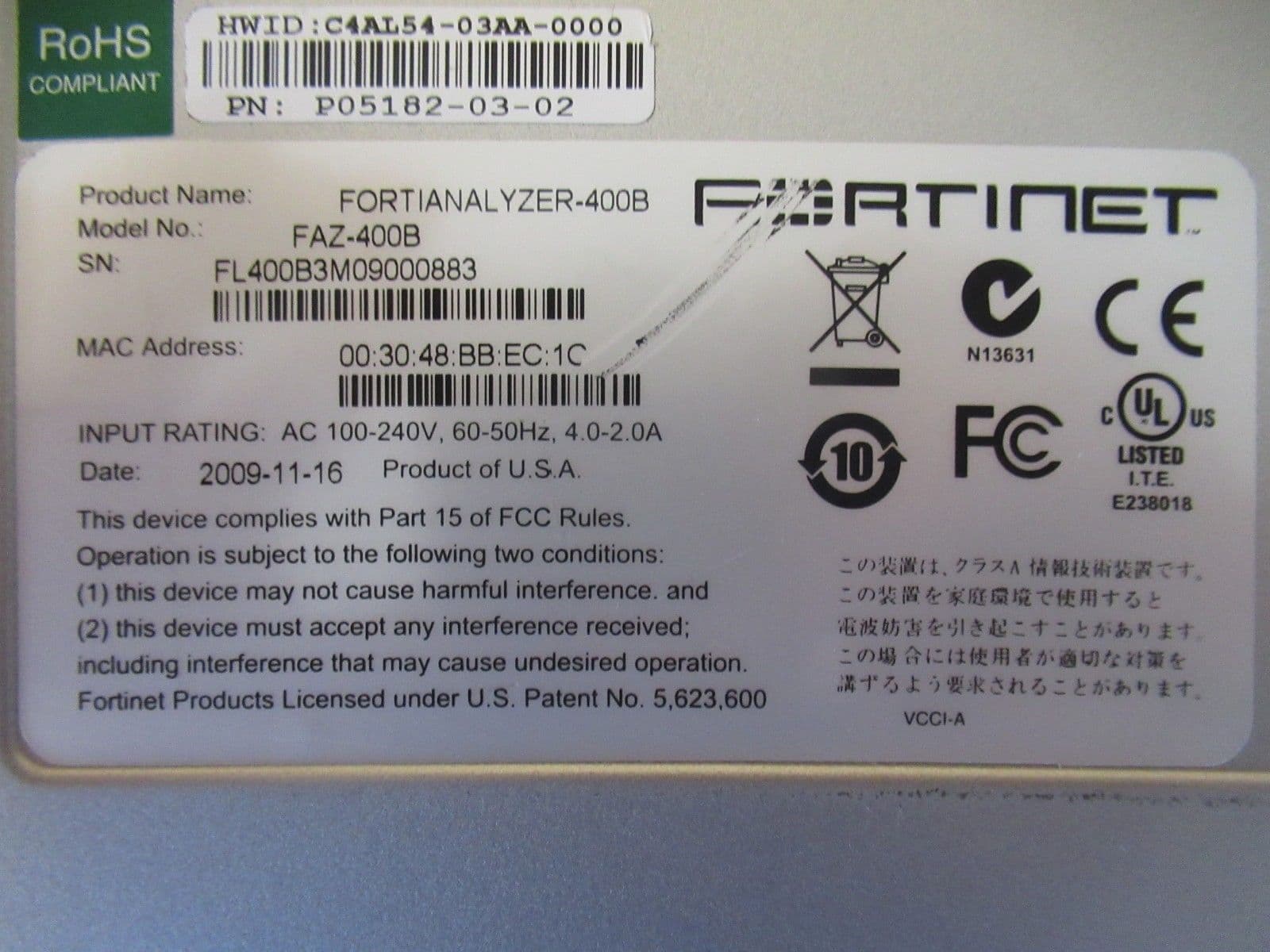 FORTINET FortiAnalyzer 400B Centralized Management Solution Monitoring ...