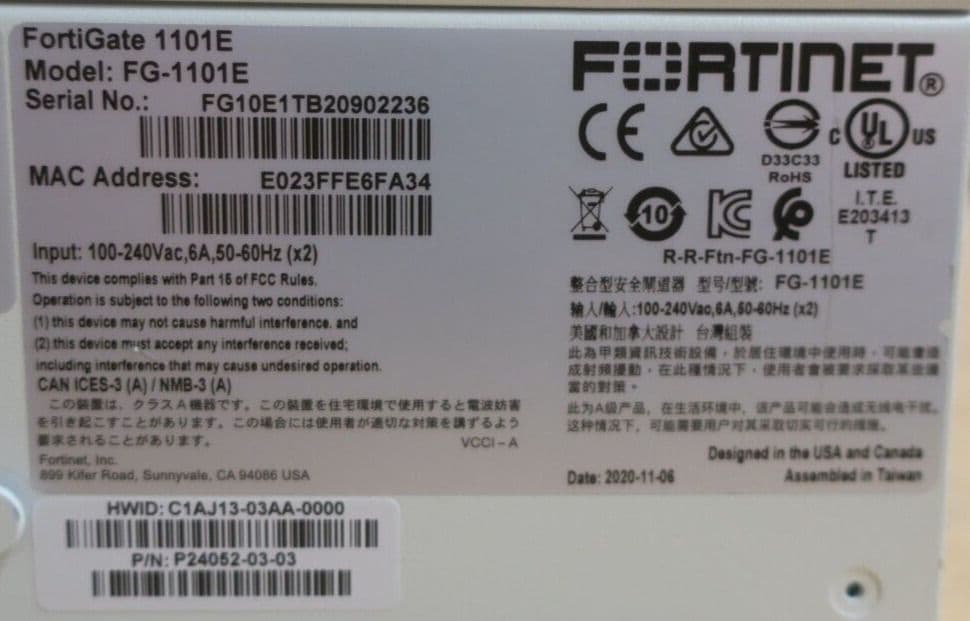 Fortinet FortiGate 1101E FG-1101E 2U Rackmount Firewall Security Appliance