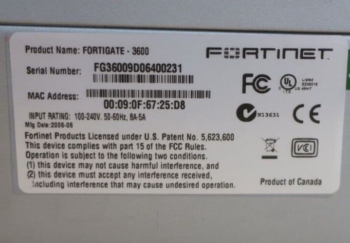Fortinet FortiGate 3600 FG-3600 Security Appliance 2x 1GbE 4x 1GBase-SX ...