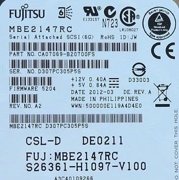 Fujitsu 146Gb 15K SAS 6G 2 5" SFF Hard Drive HDD A3C40109266 S26361-H1097-V100