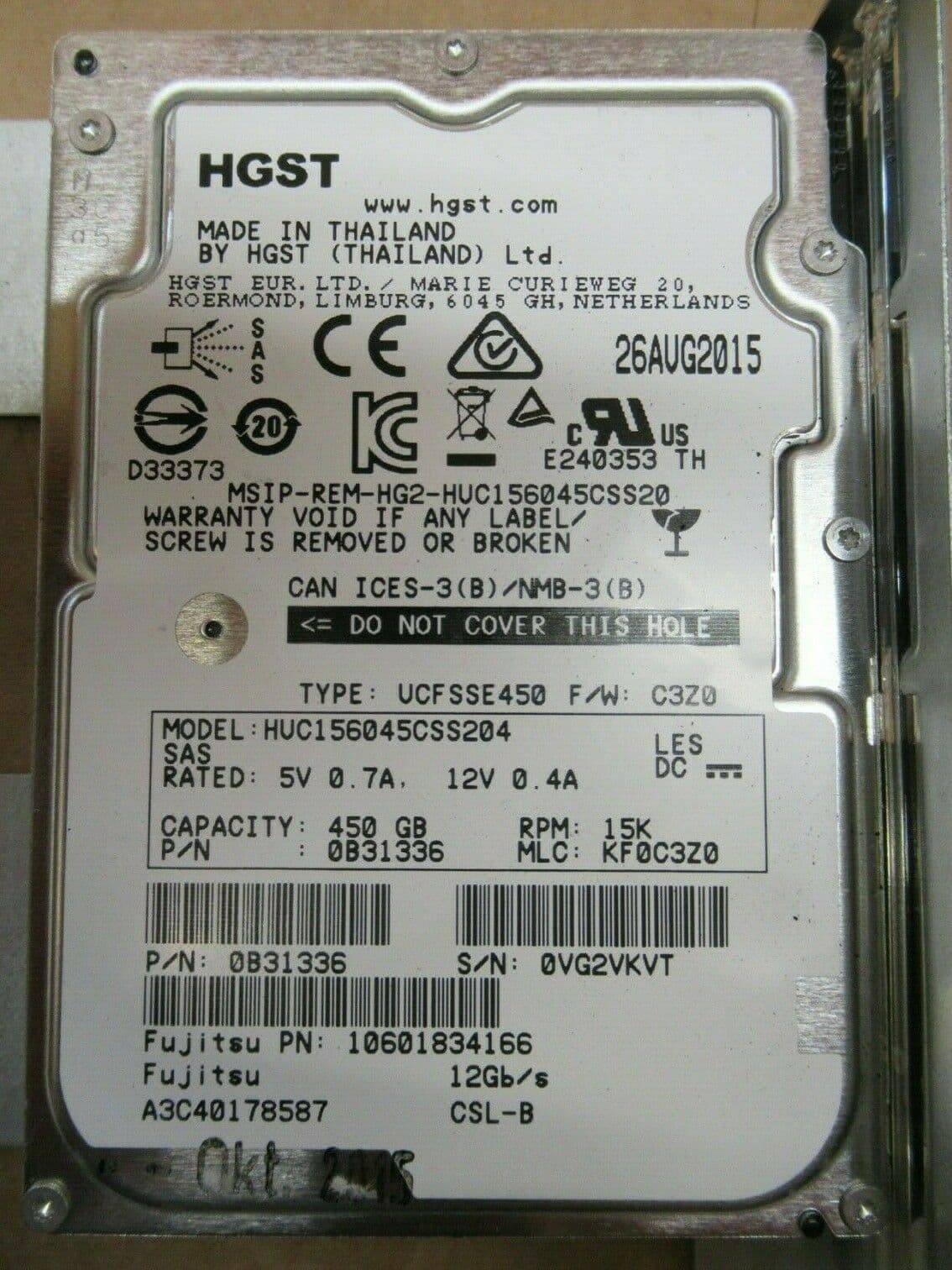 Fujitsu 450GB 15k SAS 12G Hot-Plug 2 5" HDD A3C40178587 S26361-F5532 ...
