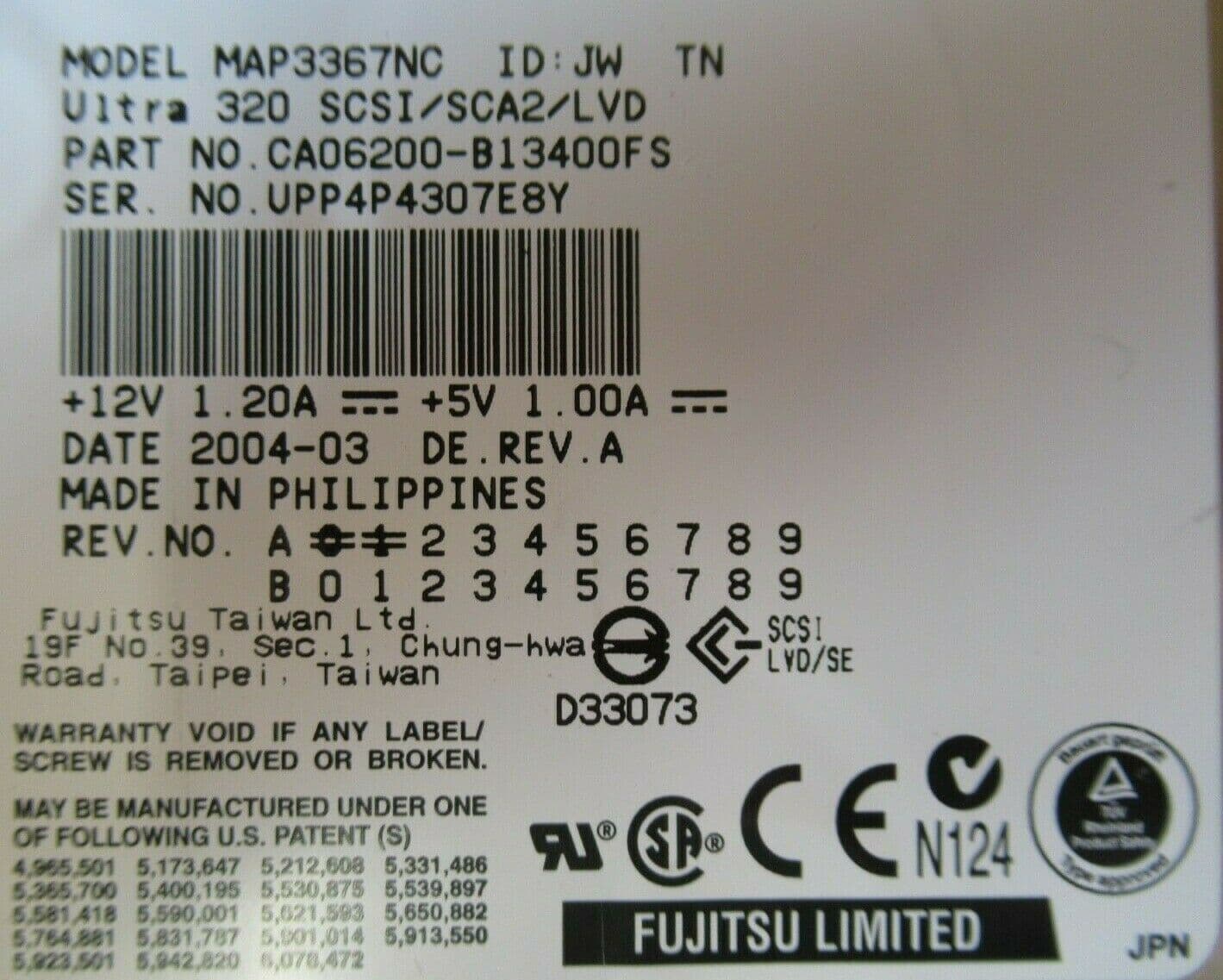 Fujitsu Enterprise MAP3367NC CA06200 36 7GB 10000RPM U320 SCSI 80P 8MB ...