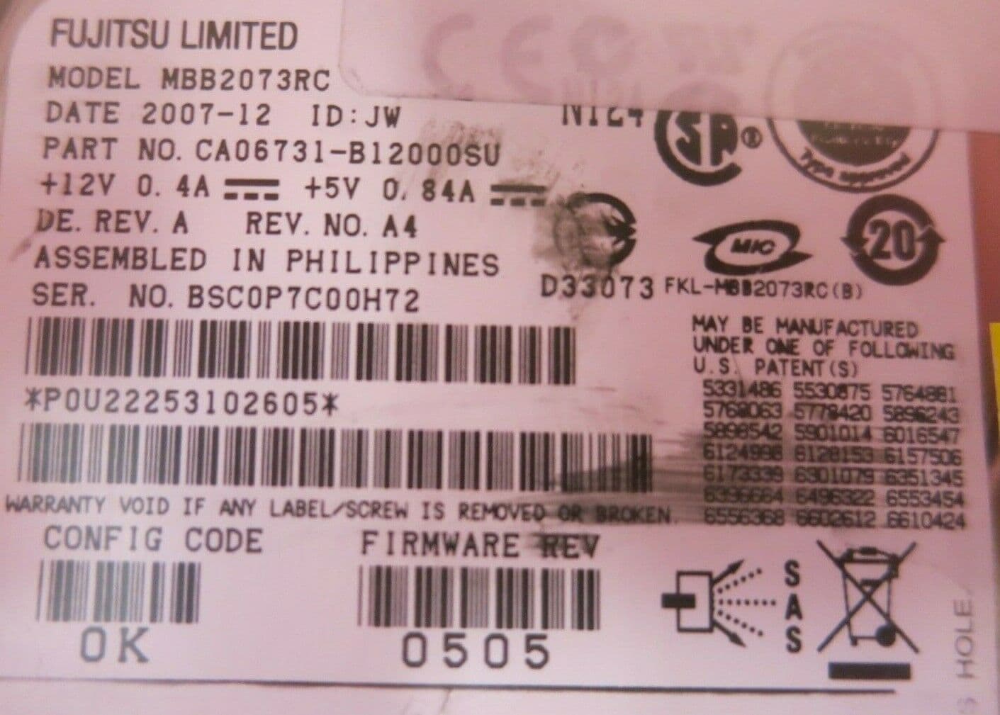 Fujitsu Enterprise MBB2073RC CA06731-B1200SU 73GB 10000RPM SAS 16MB 2 5 ...