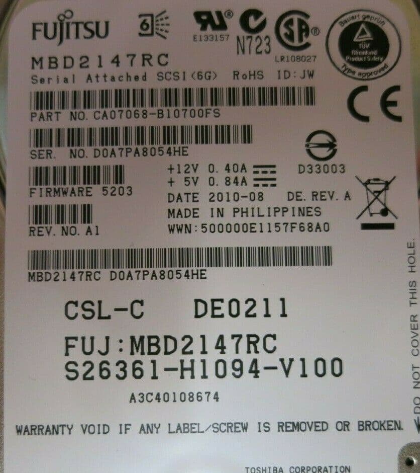 Fujitsu Enterprise MBD2147RC S26361-H1094-V100 147GB 10000RPM 16MB 2 5" HDD