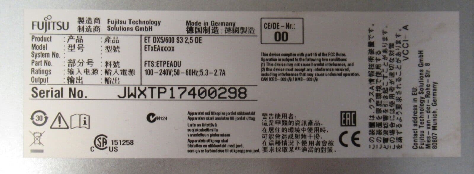 Fujitsu Eternus DX5/600 S3 DriveEnclosure 2xIOM12G 18 9TB ETPEADU