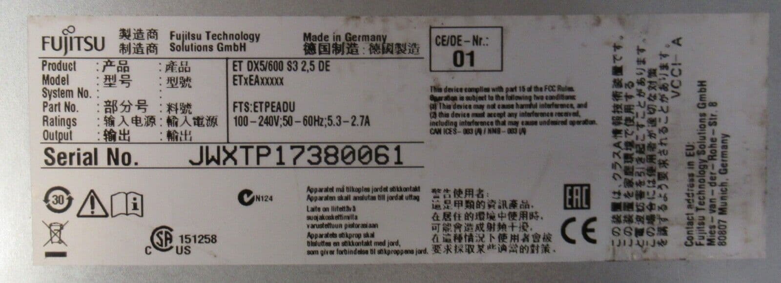 Fujitsu Eternus DX5/600 S3 DriveEnclosure 2xIOM12G 18TB ETPEADU