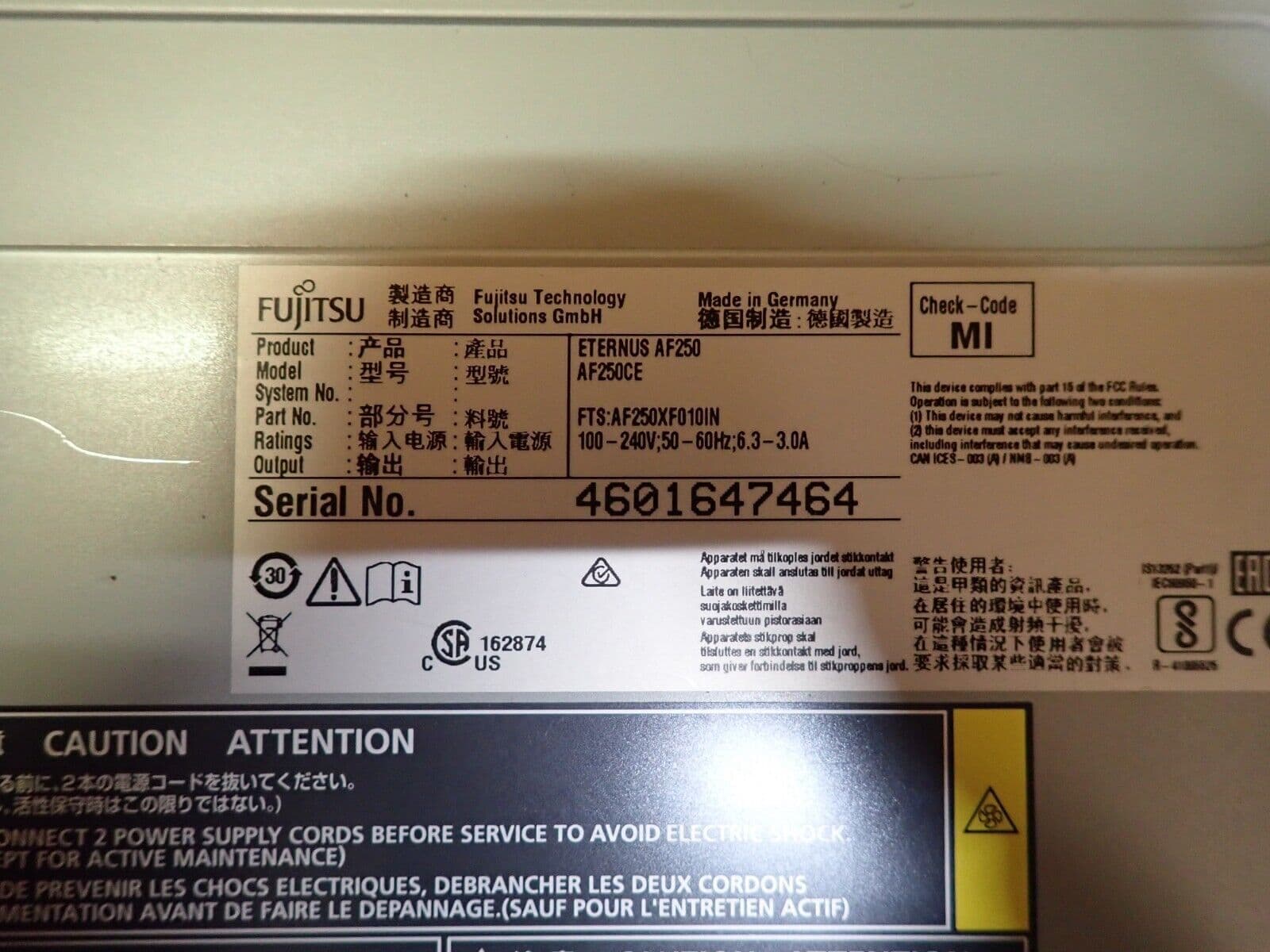 Fujitsu FTS AF250XF010IN ETERNUS AF250 Dual 16GB FC controllers 24 x 3 84TB SSD