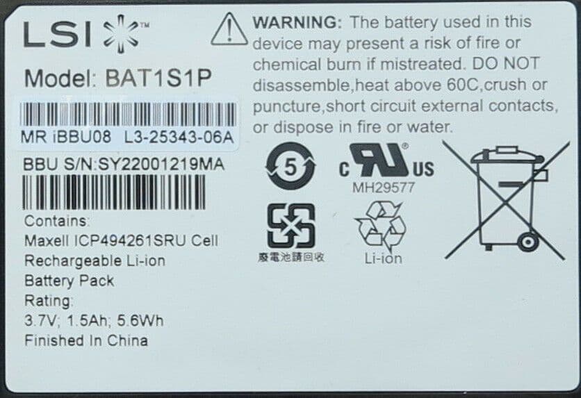 Fujitsu LSI BAT1S1P MRiBBU08 Back Up Battery Unit BBU for RAID Card L3 ...