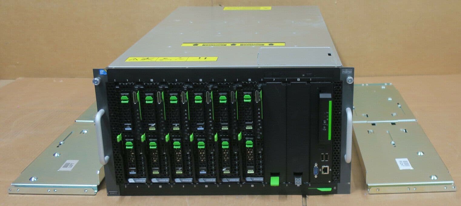 Fujitsu Primergy BX400 S1 6x BX920 S4 blade servers 4x PSU 2x10G Ethernet Switch