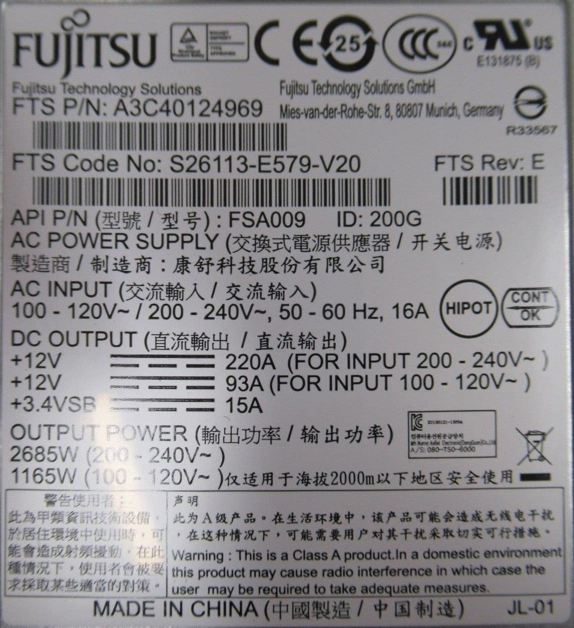 Fujitsu Primergy BX900 S2 2685W PSU Server Power Supply S26113-E579-V20 ...