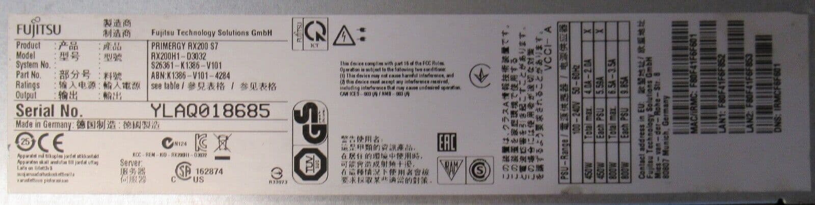 Fujitsu Primergy RX200 S7 2x 8C E5-2670 2 60GHz 16GB Ram 4x 2 5" Bay 1U ...