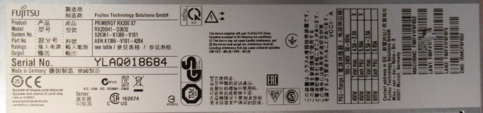 Fujitsu Primergy RX200 S7 2x 8C E5-2670 2 60GHz 64GB Ram 4x 2 5" Bay 1U ...