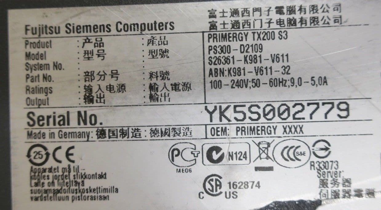Fujitsu Primergy TX200 S3 Xeon Dual Core 5110 1 60GHz 2GB Ram Rack Server