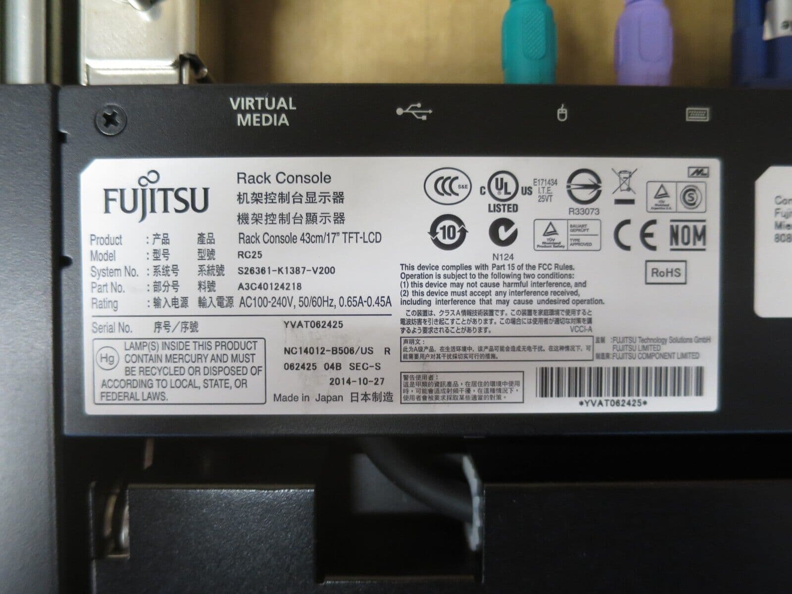 Fujitsu RC25 Rackmount 17" TFT 1U Rack Console KMM S26361-K1387-V200 ...