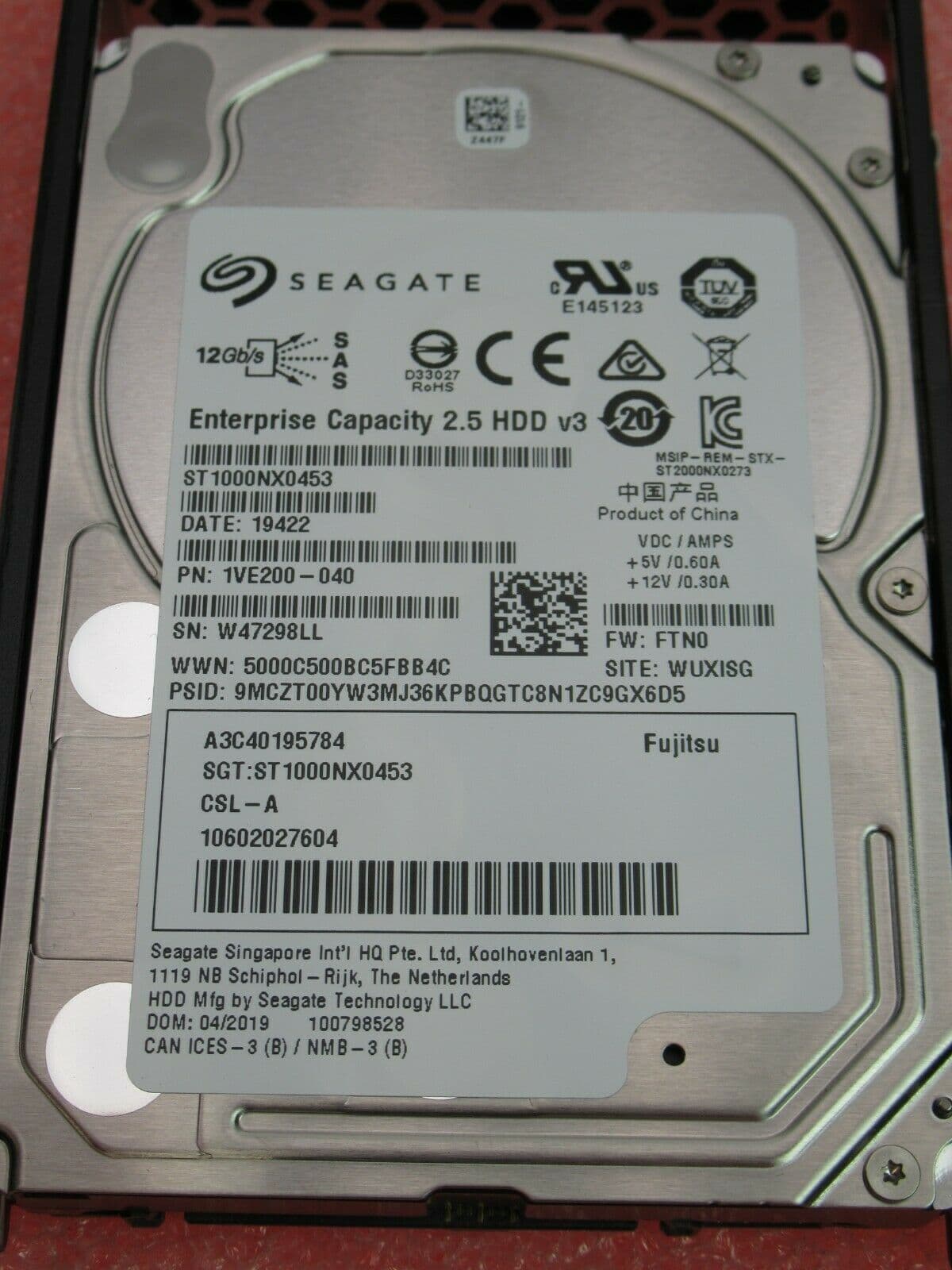 Fujitsu S26361-F5600-L100 1TB 7 2K 12G SAS SFF Hard Drive HDD Hot Plug Caddy